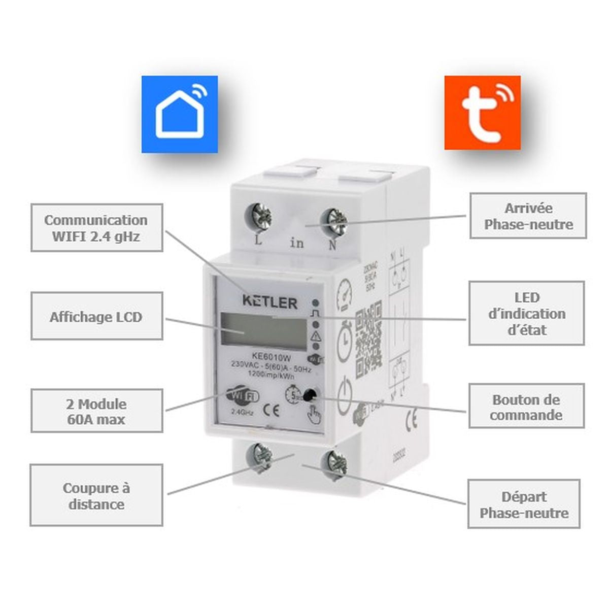 KETLER - KE6010W : Compteur électrique - Monophasé 60 A - WIFI ...